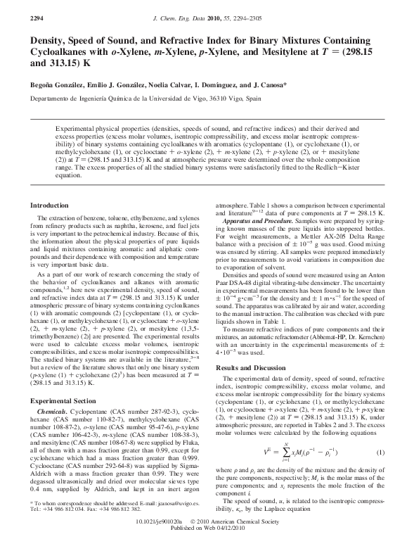 Pdf Density Speed Of Sound And Refractive Index For Binary Mixtures