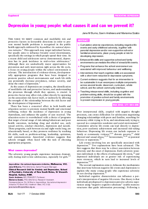 (PDF) Depression in young people: what causes it and can we prevent it?