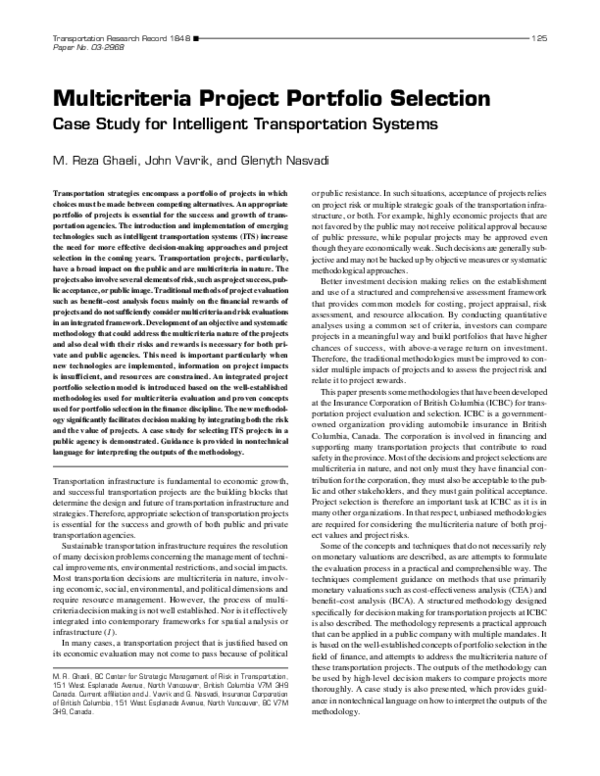 (PDF) Multicriteria Project Portfolio Selection: Case Study for Intelligent Transportation Systems