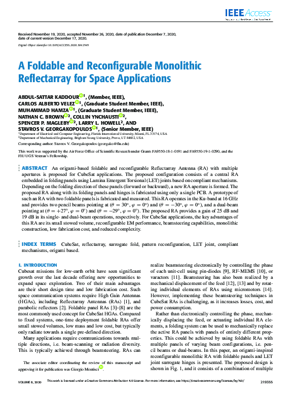(PDF) A Foldable and Reconfigurable Monolithic Reflectarray for Space Applications