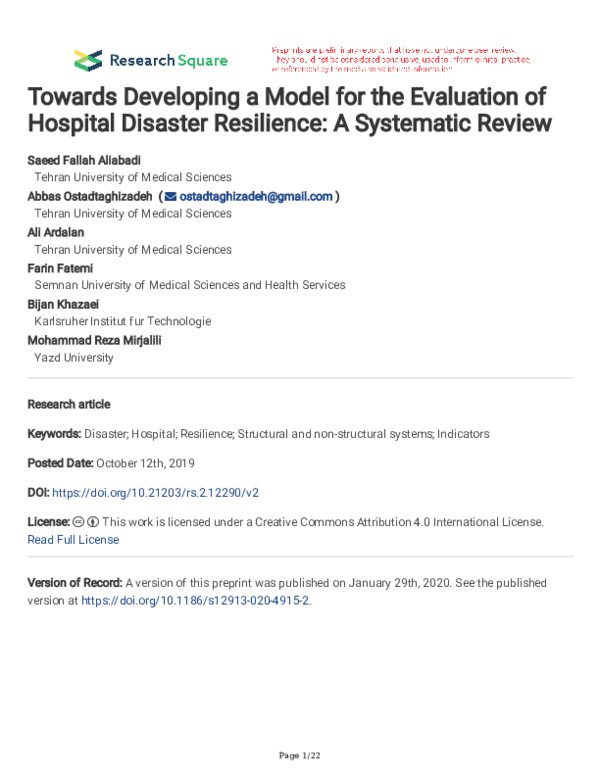 (PDF) Evaluation of Hospital Preparedness in Managing Disaster Impact: A Systematic Review