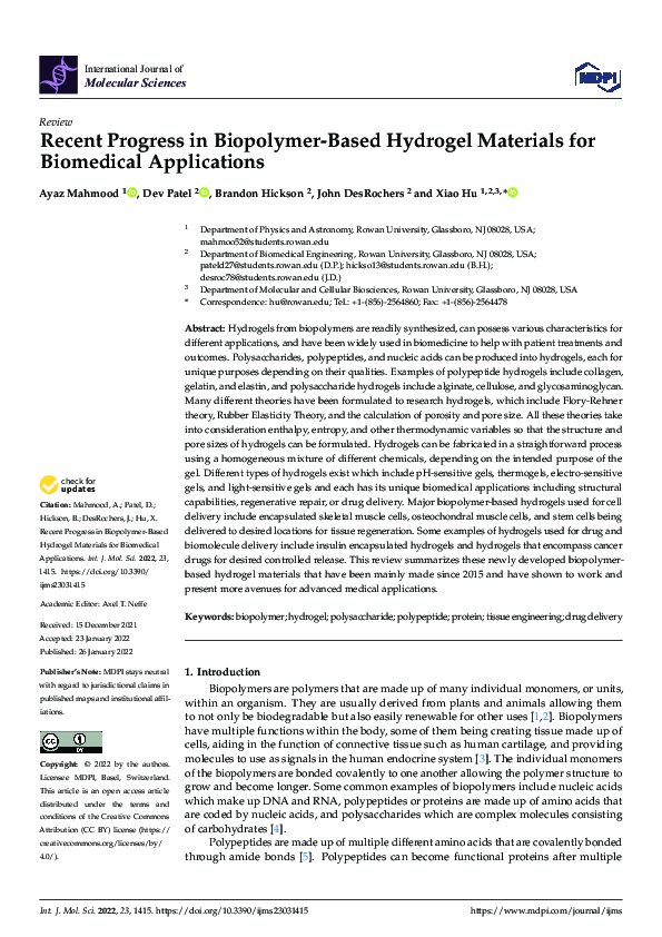 (PDF) Recent Progress in Biopolymer-Based Hydrogel Materials for Biomedical Applications