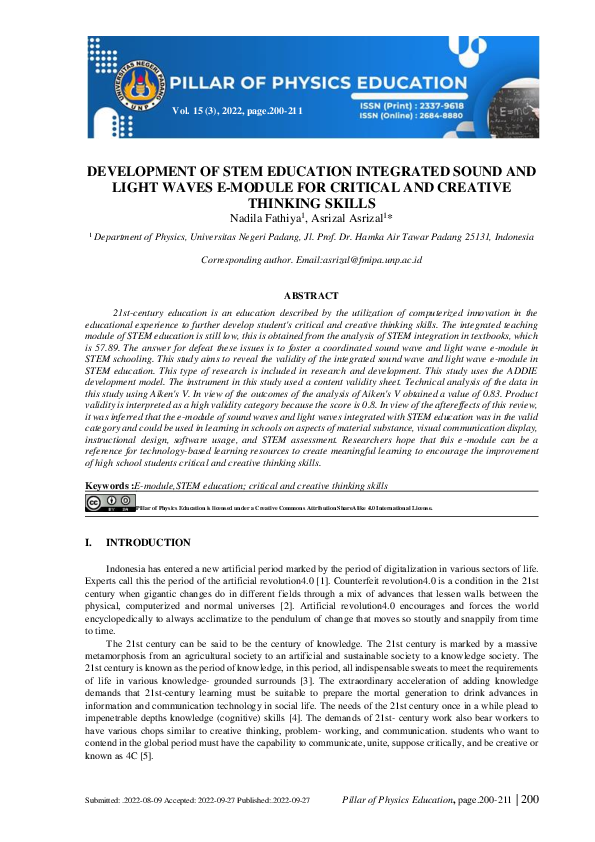 (PDF) Development of Stem Education Integrated Sound and Light Waves E-Module for Critical and ...