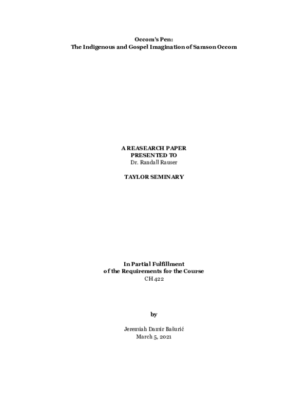 (PDF) Occom's Pen - The Indigenous and Gospel Imagination of Samson Occom