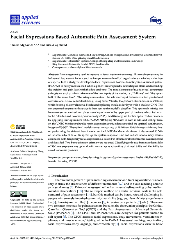 (PDF) Facial Expressions Based Automatic Pain Assessment System