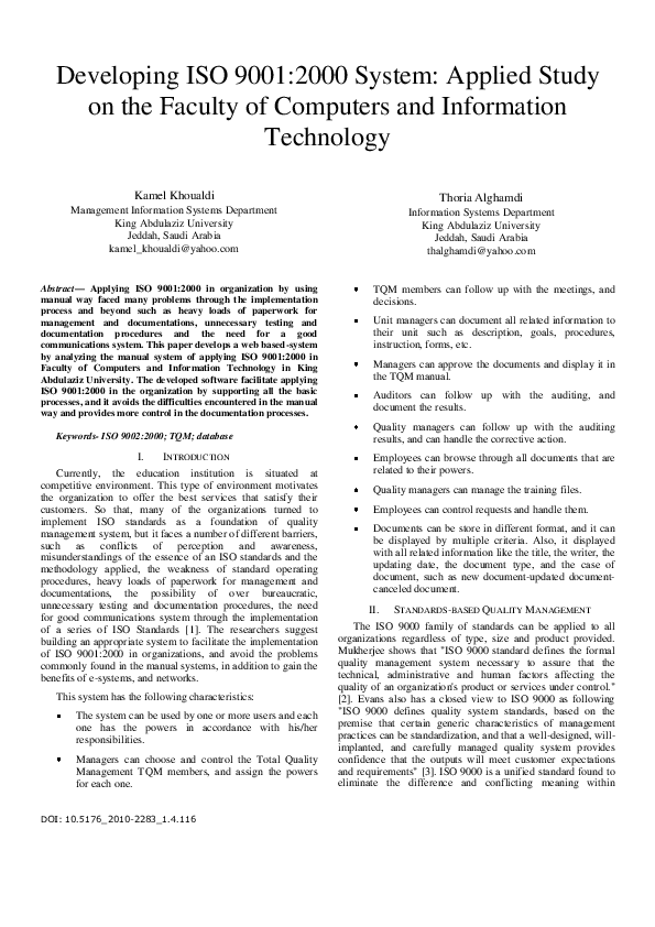(PDF) Developing ISO 9001:2000 System: Applied Study on the Faculty of Computers and Information ...