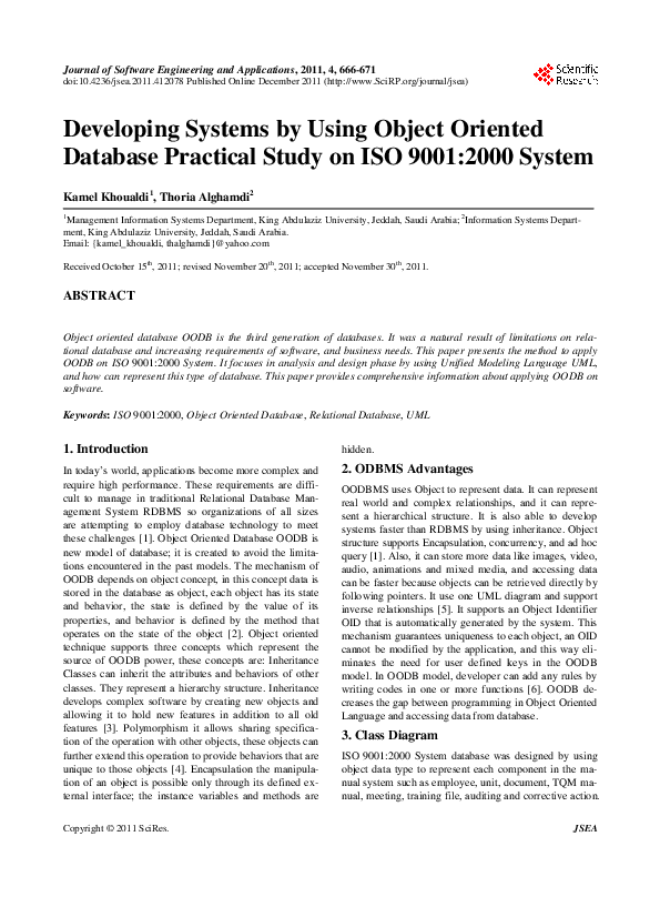 (PDF) Developing Systems by Using Object Oriented Database Practical Study on ISO 9001:2000 System
