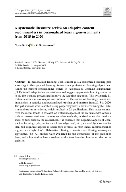 (PDF) A systematic literature review on adaptive content recommenders in personalized learning ...