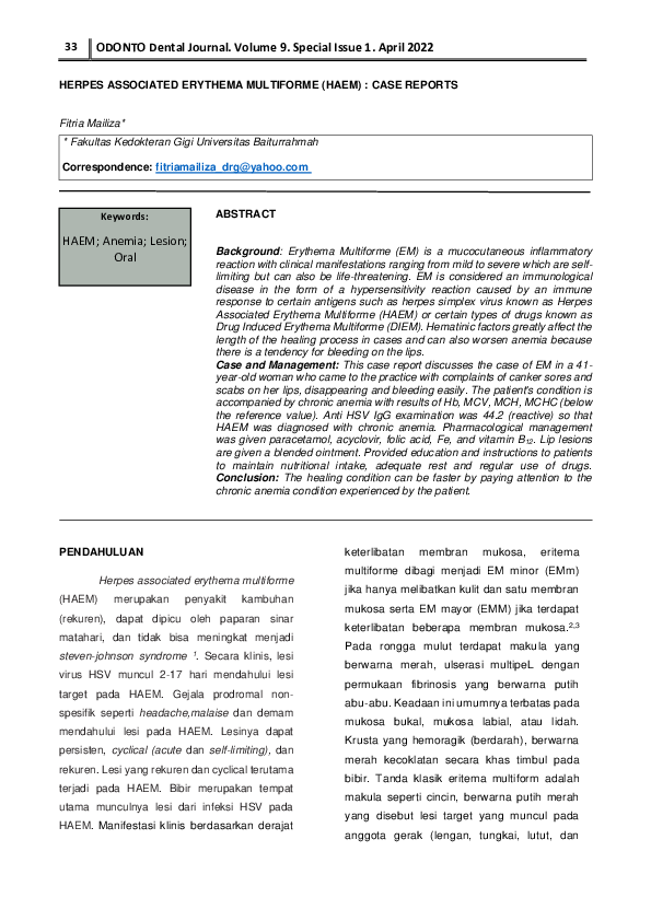 (PDF) Herpes Associated Erythema Multiforme (Haem) : Case Reports | Fitria Mailiza - Academia.edu