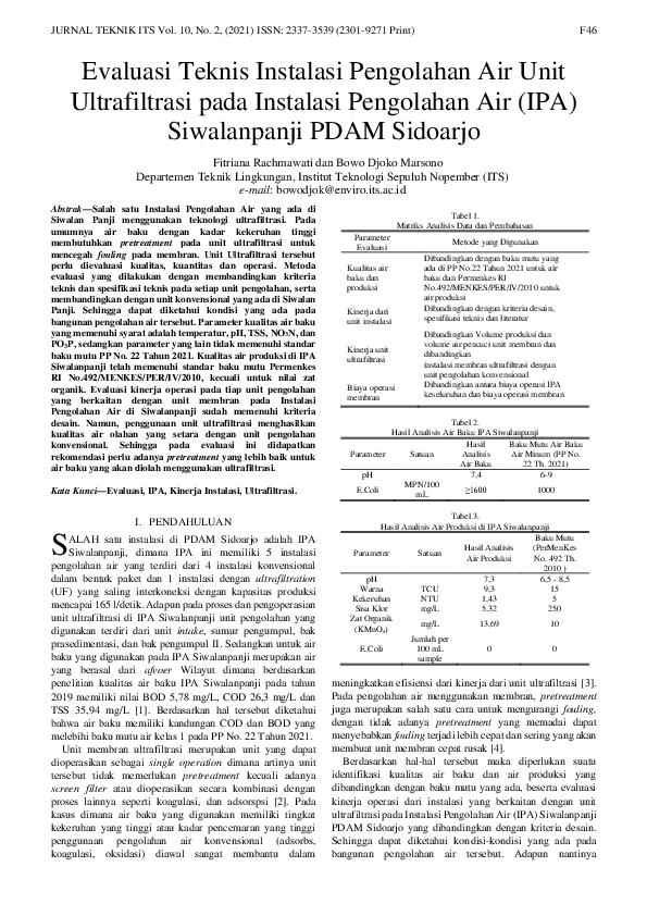 (PDF) Evaluasi Teknis Instalasi Pengolahan Air Unit Ultrafiltrasi pada Instalasi Pengolahan Air ...