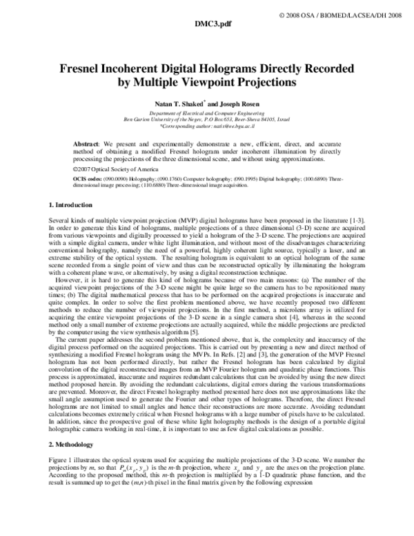 (PDF) Fresnel Incoherent Digital Holograms Directly Recorded by ...