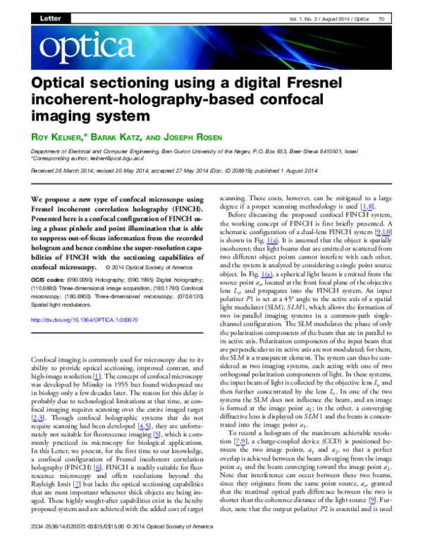 Pdf Optical Sectioning Using A Digital Fresnel Incoherent Holography Based Confocal Imaging System