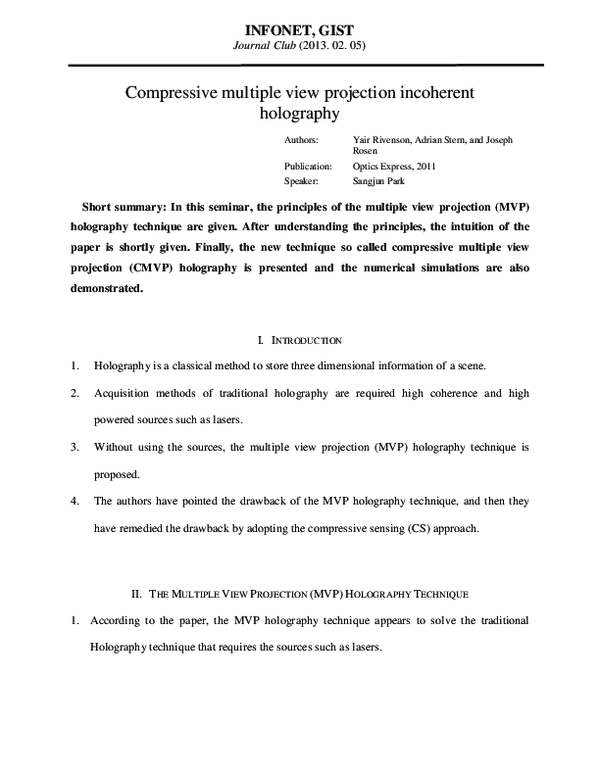 (PDF) Compressive multiple view projection incoherent holography
