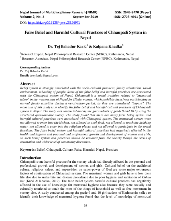 (PDF) False Belief and Harmful Cultural Practices of Chhaupadi System ...