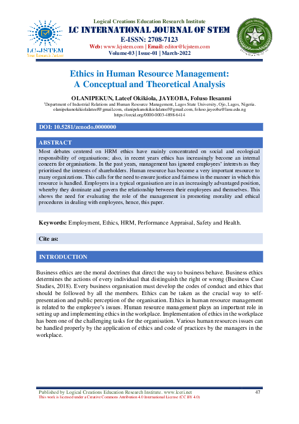 (PDF) Ethics in Human Resource Management: A Conceptual and Theoretical ...