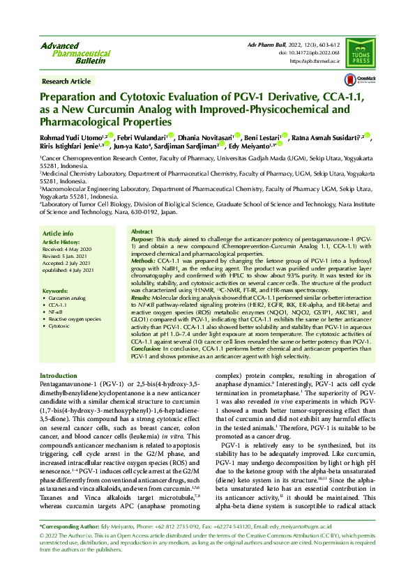 (PDF) Preparation and Cytotoxic Evaluation of PGV-1 Derivative, CCA-1.1, as a New Curcumin ...