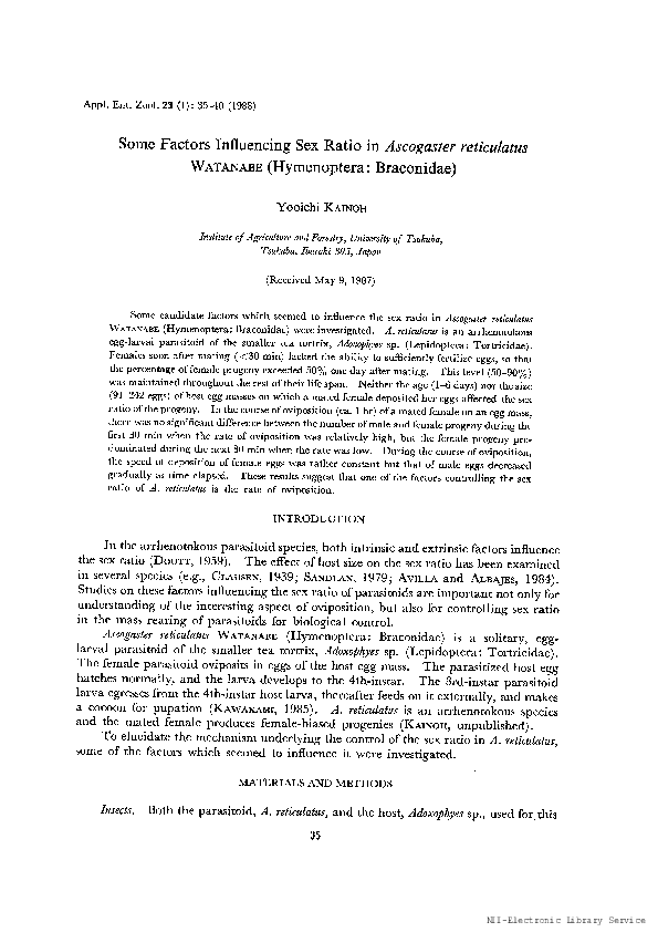 Pdf Some Factors Influencing Sex Ratio In Ascogaster Reticulatus