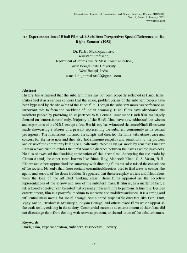(PDF) An Experimentation of Hindi Film with Subaltern Perspective ...
