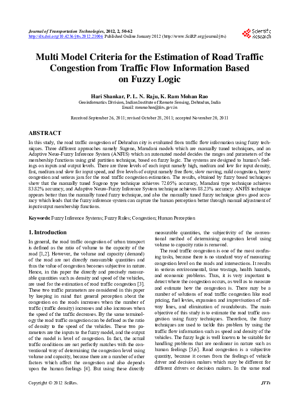 Multi Model Criteria For The Estimation Of Road Traffic Congestion From