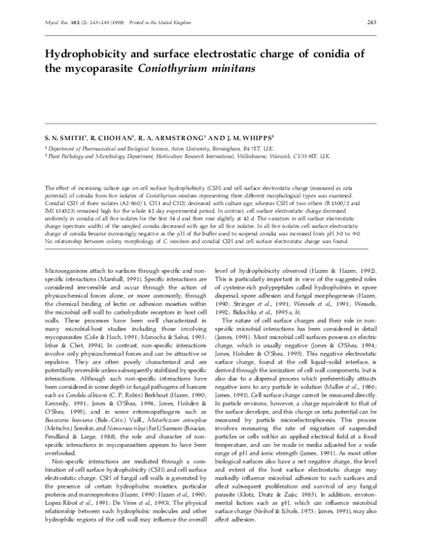 (PDF) Hydrophobicity and surface electrostatic charge of conidia of the ...