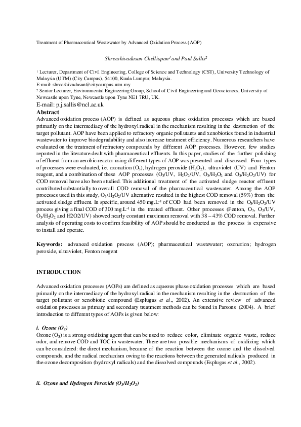 (PDF) Treatment of pharmaceutical wastewater by advanced oxidation ...