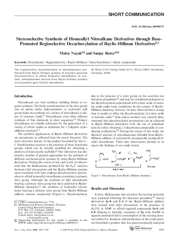 (PDF) Stereoselective Synthesis of Homoallyl Nitroalkane Derivatives ...