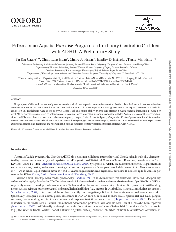 (PDF) Effects of an aquatic exercise program on inhibitory control in children with ADHD: a ...
