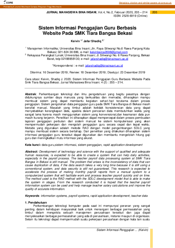 (PDF) Sistem Informasi Penggajian Guru Berbasis Website Pada SMK Tiara Bangsa Bekasi