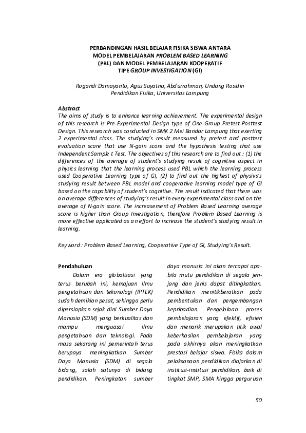 (PDF) Perbandingan Hasil Belajar Fisika Siswa Antara Model Pembelajaran Problem Based Learning ...