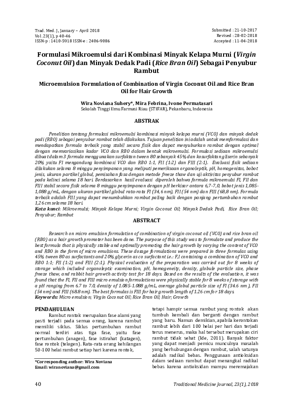 (PDF) Microemulsion Formulation of Combination of Virgin Coconut Oil and Rice Bran Oil for Hair ...