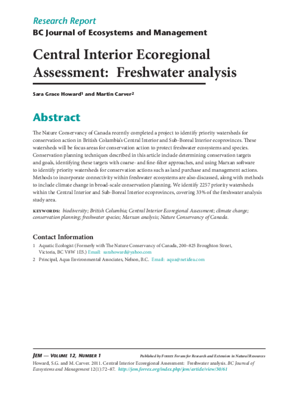 (PDF) Central Interior ecoregional assessment: Freshwater analysis