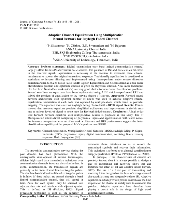 (PDF) Adaptive Channel Equalization Using Multiplicative Neural Network ...