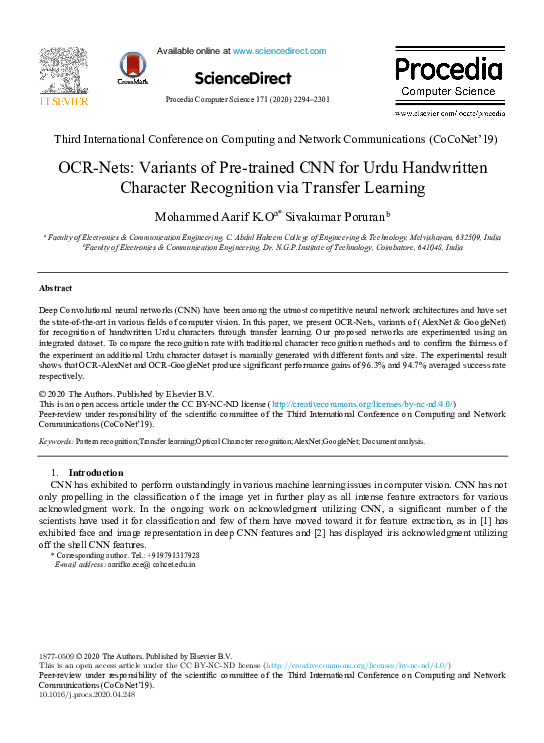 Pdf Ocr Nets Variants Of Pre Trained Cnn For Urdu Handwritten