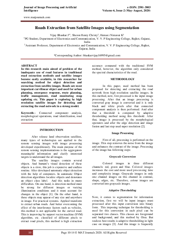 Pdf Roads Extraction From Satellite Images Using Segmentation