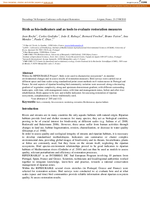 (PDF) Birds as bio-indicators and as tools to evaluate restoration measures