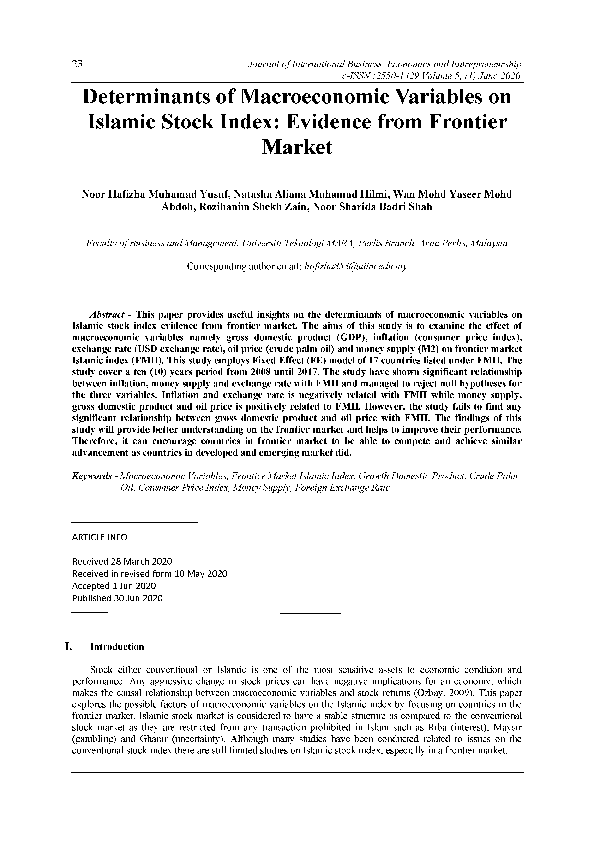 (PDF) Determinants of Macroeconomic Variables on Islamic Stock Index: Evidence from Frontier Market