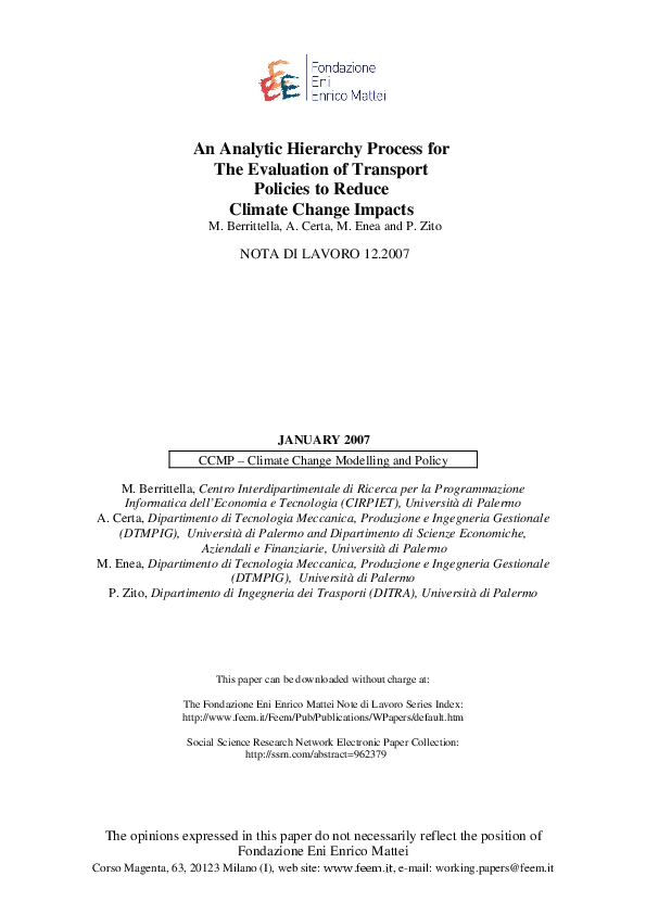 Pdf An Analytic Hierarchy Process For The Evaluation Of Transport Policies To Reduce Climate 