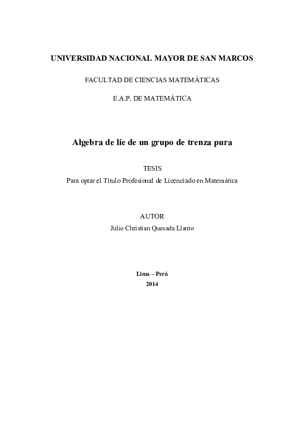 (PDF) Algebra de lie de un grupo de trenza pura