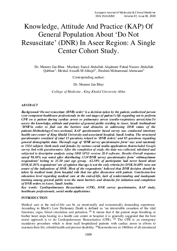 (PDF) Knowledge, Attitude And Practice (KAP) Of General Population About ‘Do Not Resuscitate ...