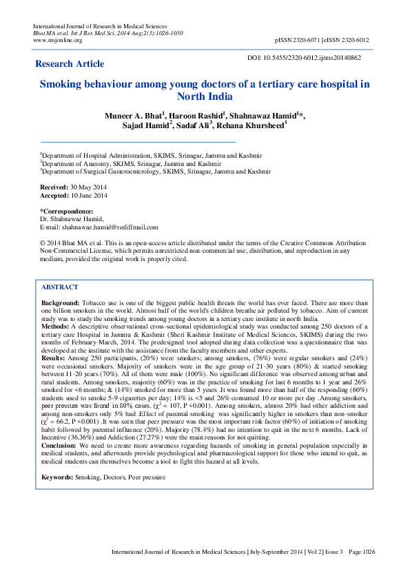 (PDF) Smoking behaviour among young doctors of a tertiary care hospital ...
