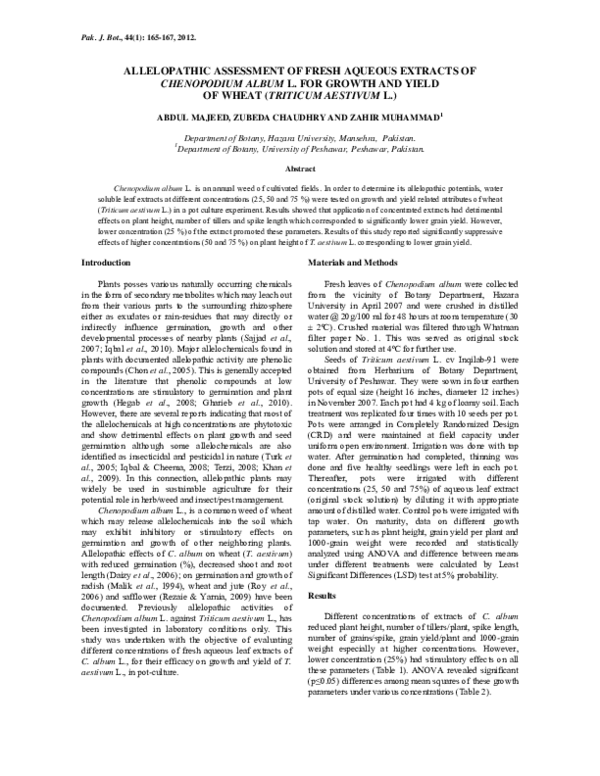(PDF) Allelopathic Assessment of Fresh Aqueous Extracts of Chenopodium Album L. For Growth and ...