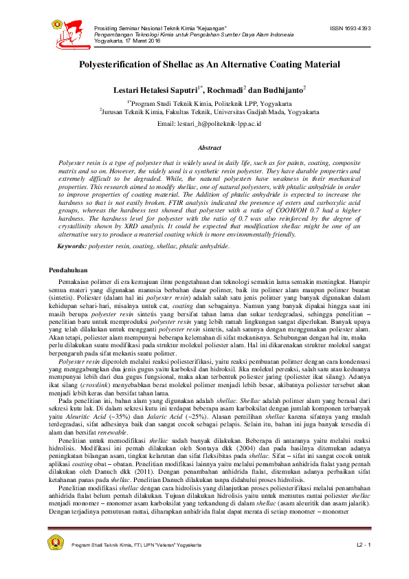 (PDF) Polyesterification of Shellac as An Alternative Coating Material