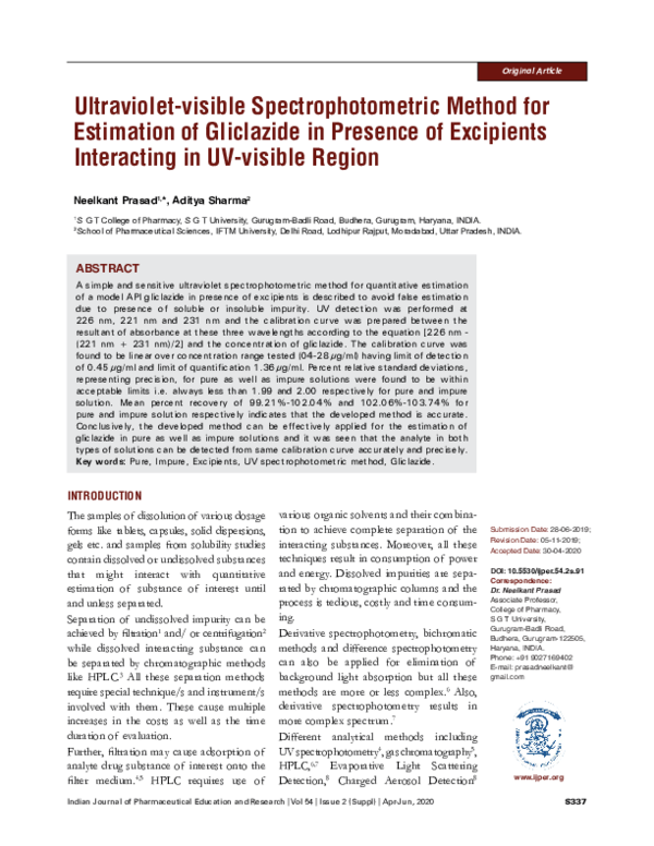 Pdf Ultraviolet Visible Spectrophotometric Method For Estimation Of Gliclazide In Presence Of