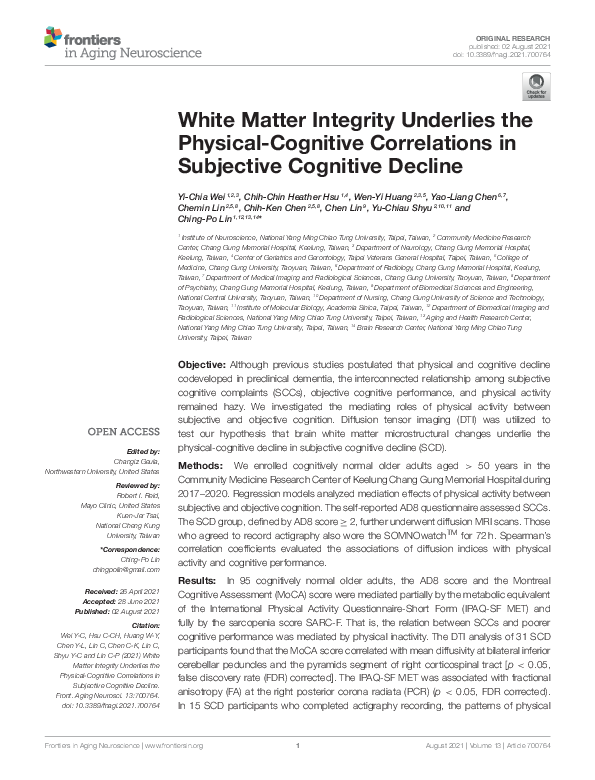 (PDF) White Matter Integrity Underlies the Physical-Cognitive Correlations in Subjective ...