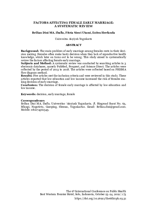 (PDF) Factors Affecting Female Early Marriage: A Systematic Review