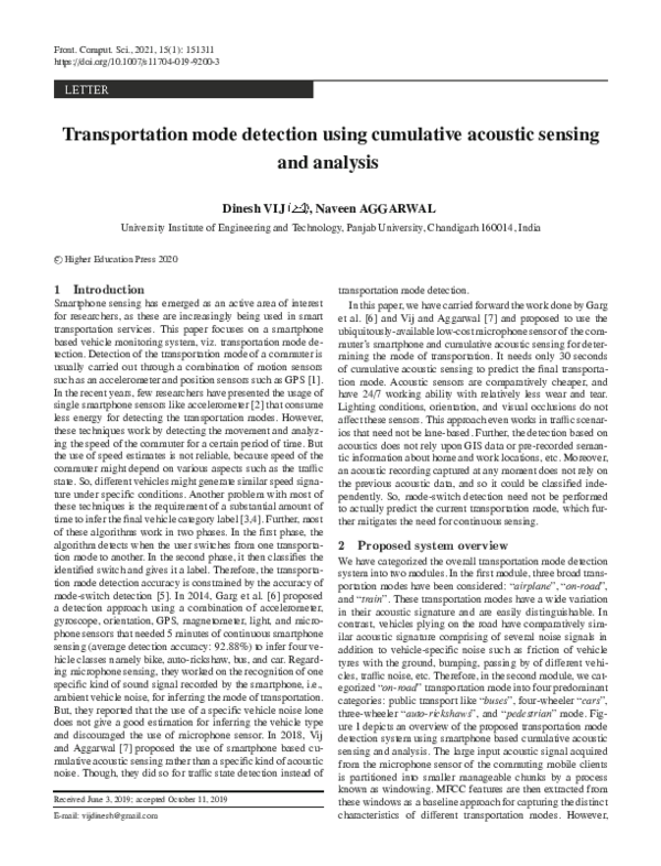 (PDF) Transportation mode detection using cumulative acoustic sensing and analysis