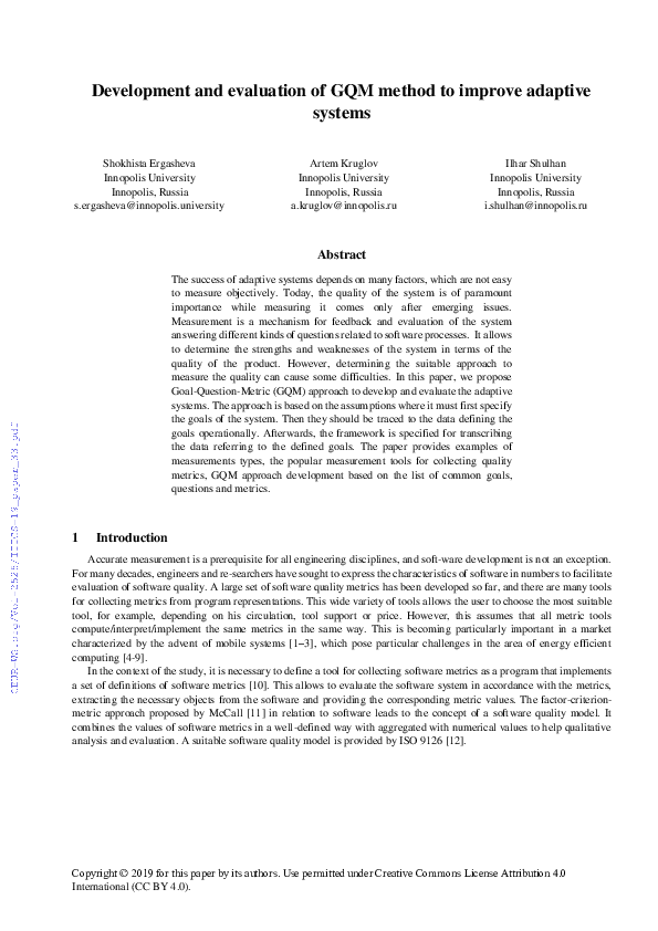 (PDF) Development and evaluation of GQM method to improve adaptive systems
