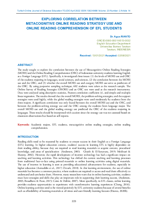 Pdf Exploring Correlation Between Metacognitive Online Reading Strategy Use And Online Reading