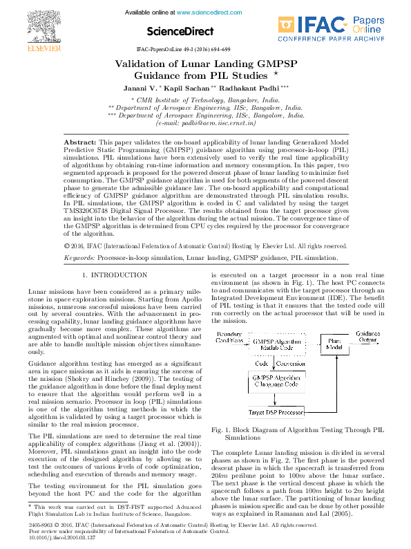 (PDF) Validation of Lunar Landing GMPSP Guidance from PIL Studies∗∗This work was carried out in ...