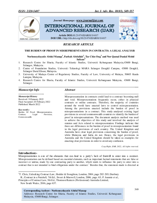 (PDF) The Burden of Proof in Misrepresentation in Contracts: A Legal ...